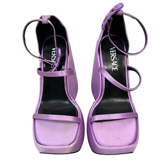 Versace | Shoes | Versace Triplatform Satin Sandals Strap Square Toe ...